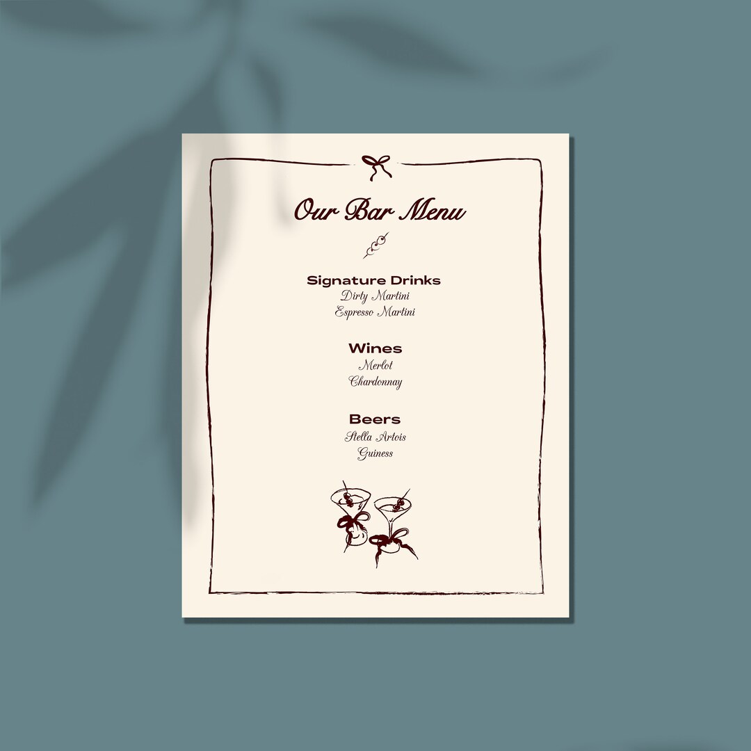 Martini Bar Menu, Event Menu, Whimsical Bar Menu Template, Garden Party ...