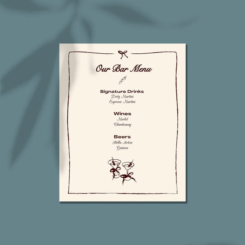 Martini Bar Menu, Event Menu, Whimsical Bar Menu Template, Garden Party ...
