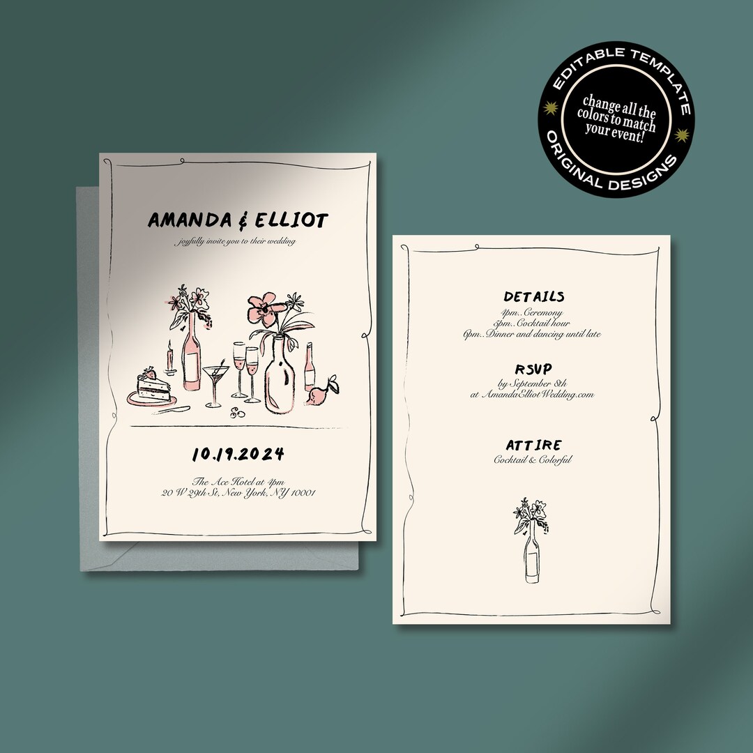 WEDDING INVITE Hand Drawn Illustration Funky Handwritten - Etsy