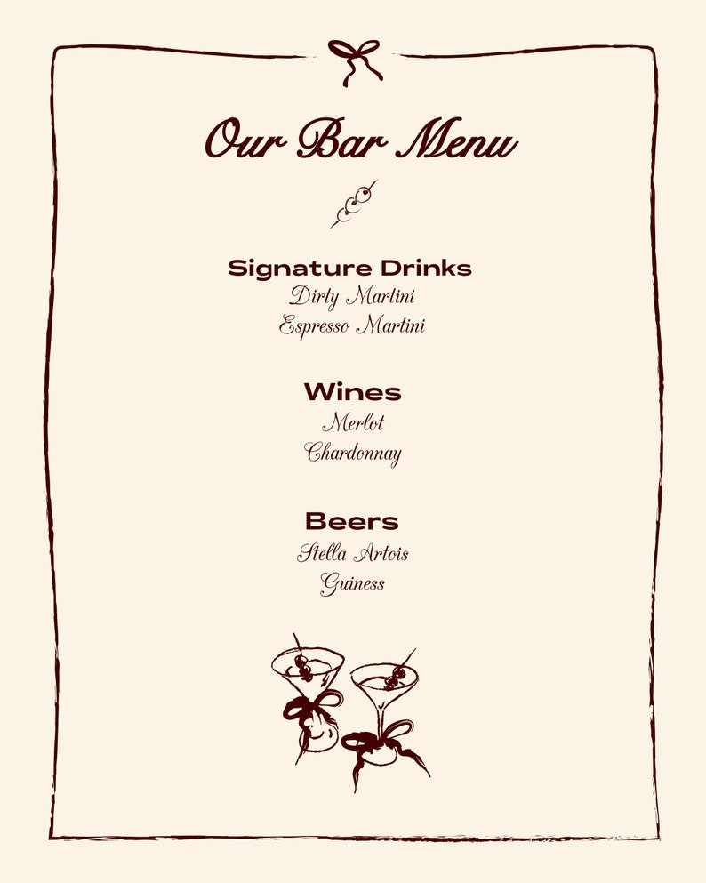 Martini Bar Menu, Event Menu, Whimsical Bar Menu Template, Garden Party ...