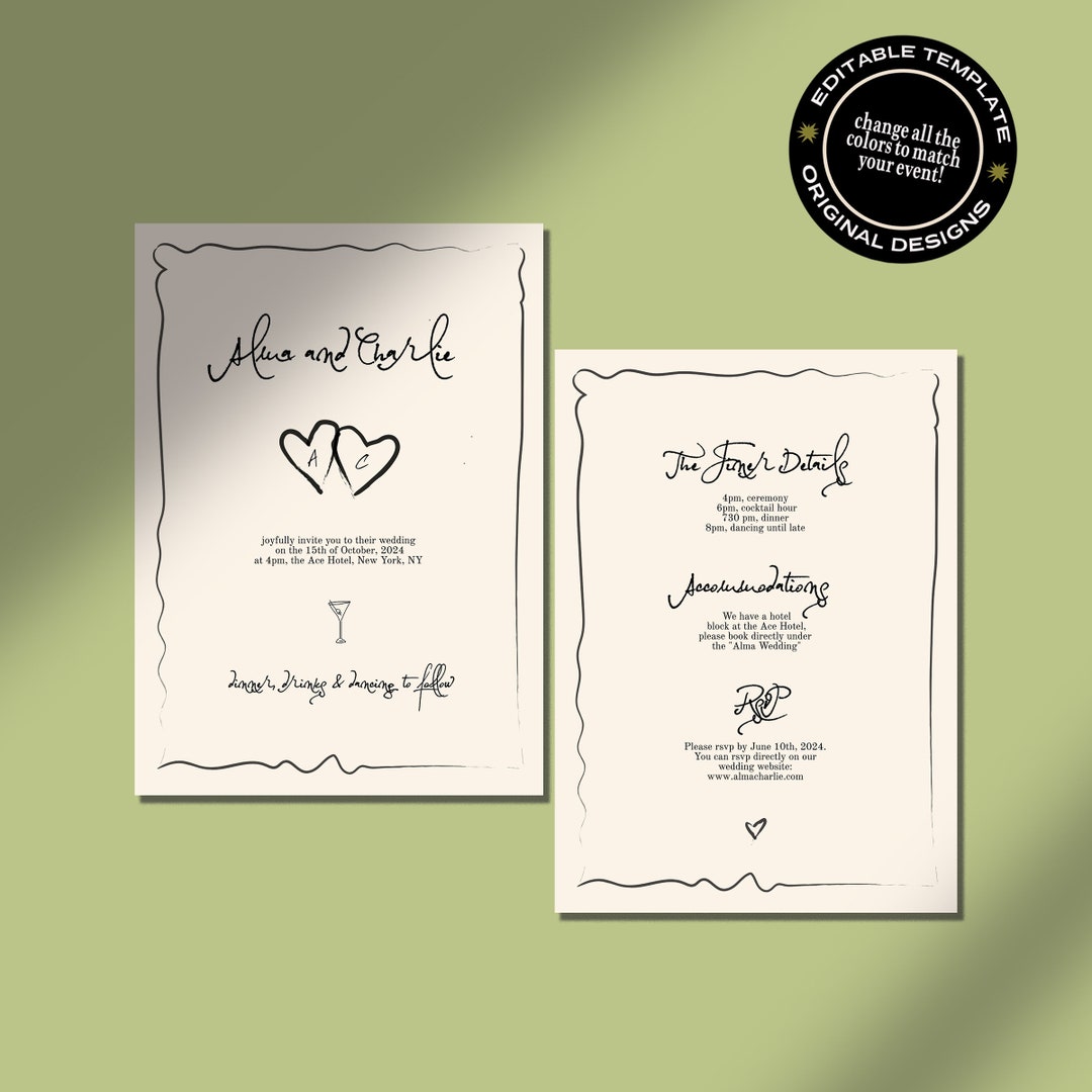 WEDDING INVITE | Hand Drawn Illustration | Funky Handwritten Invitation ...