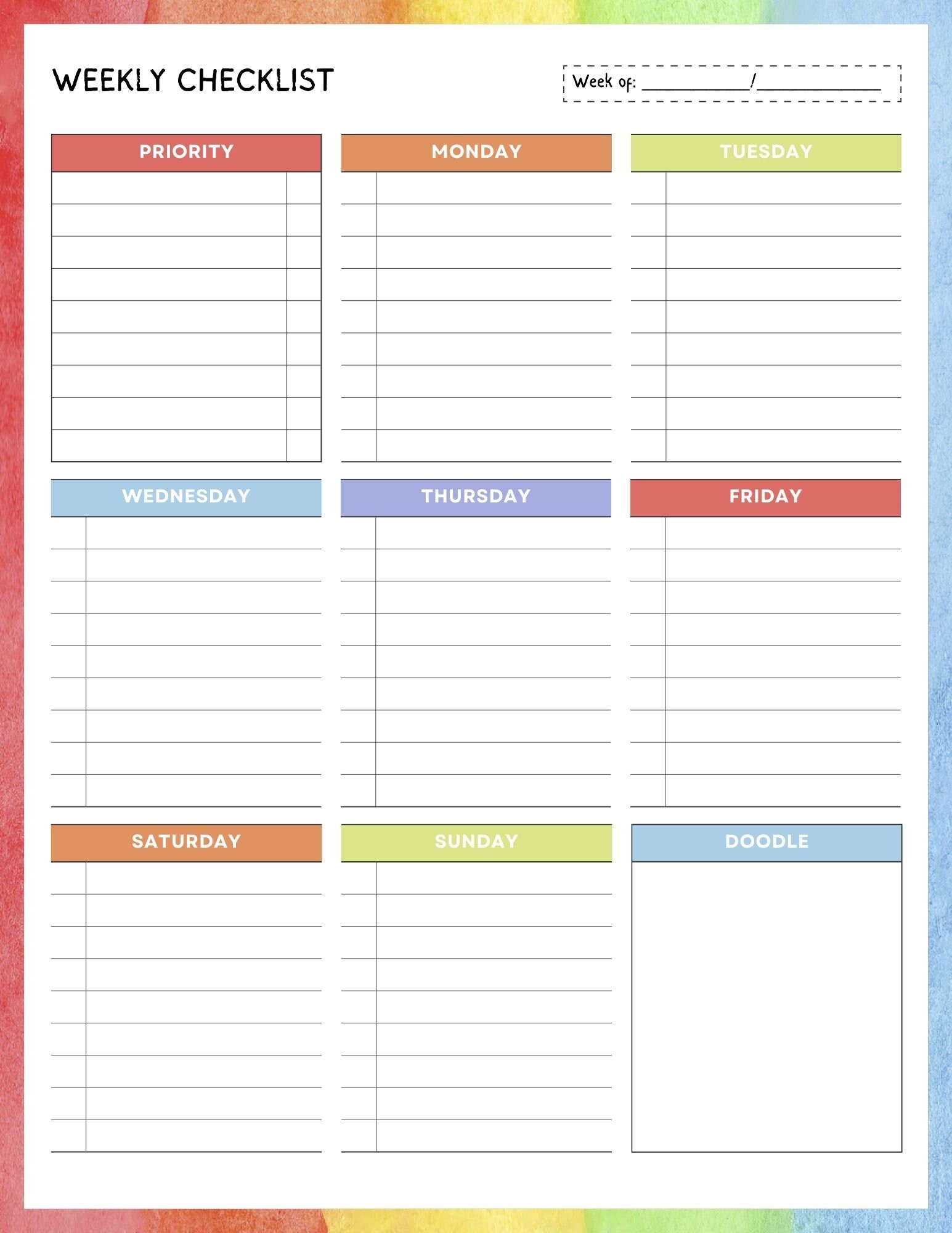 Weekly Planning Checklist: Printable, Letter, A4, A5, One-page, Weekly ...