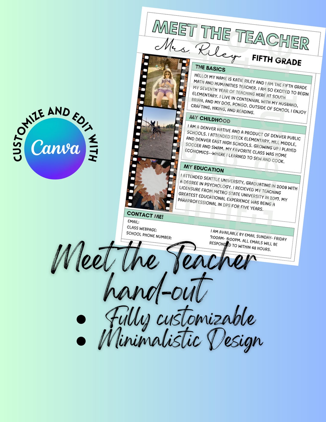 Meet the Teacher Hand-out, Template, Minimalistic Design, Customizable ...