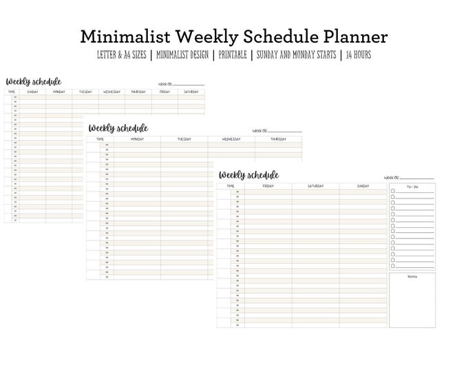 Weekly Planning Schedule: Minimalist, Printable, Letter, A4, Weekly ...
