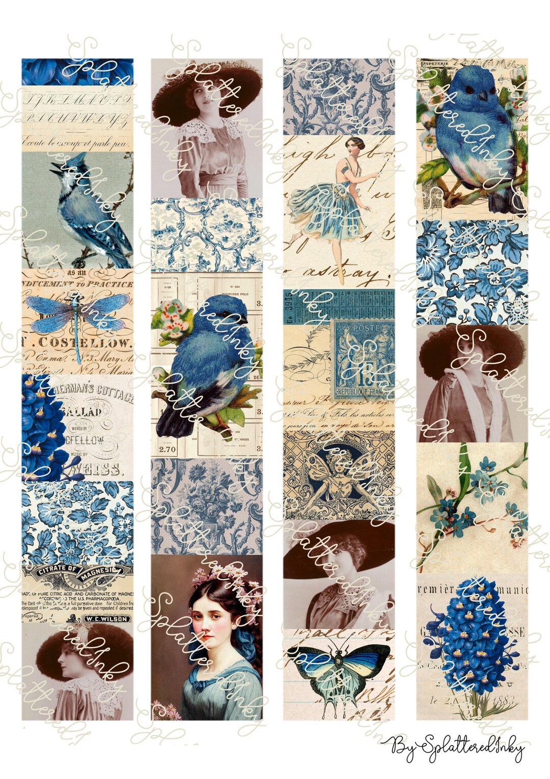Printable Collage Snippet Strips - Blue Sheet - Digital Download - Vintage Collage Strips ...