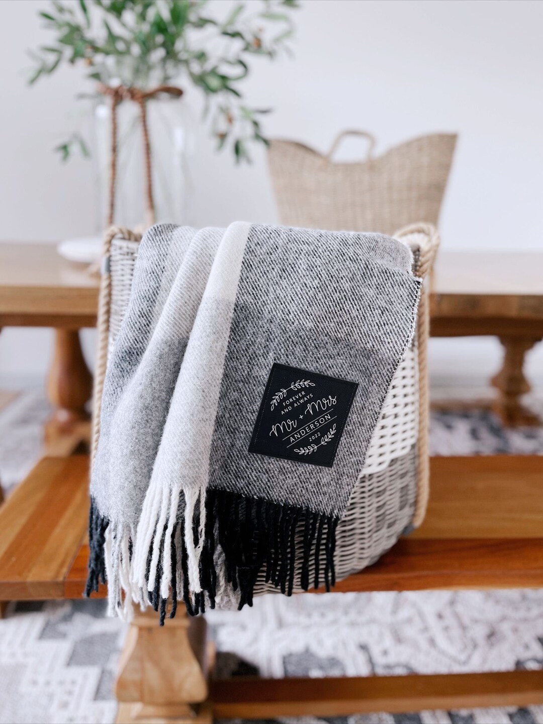 CUSTOM Plaid Wool Blanket With Engraved Vegan Leather Patch - Etsy