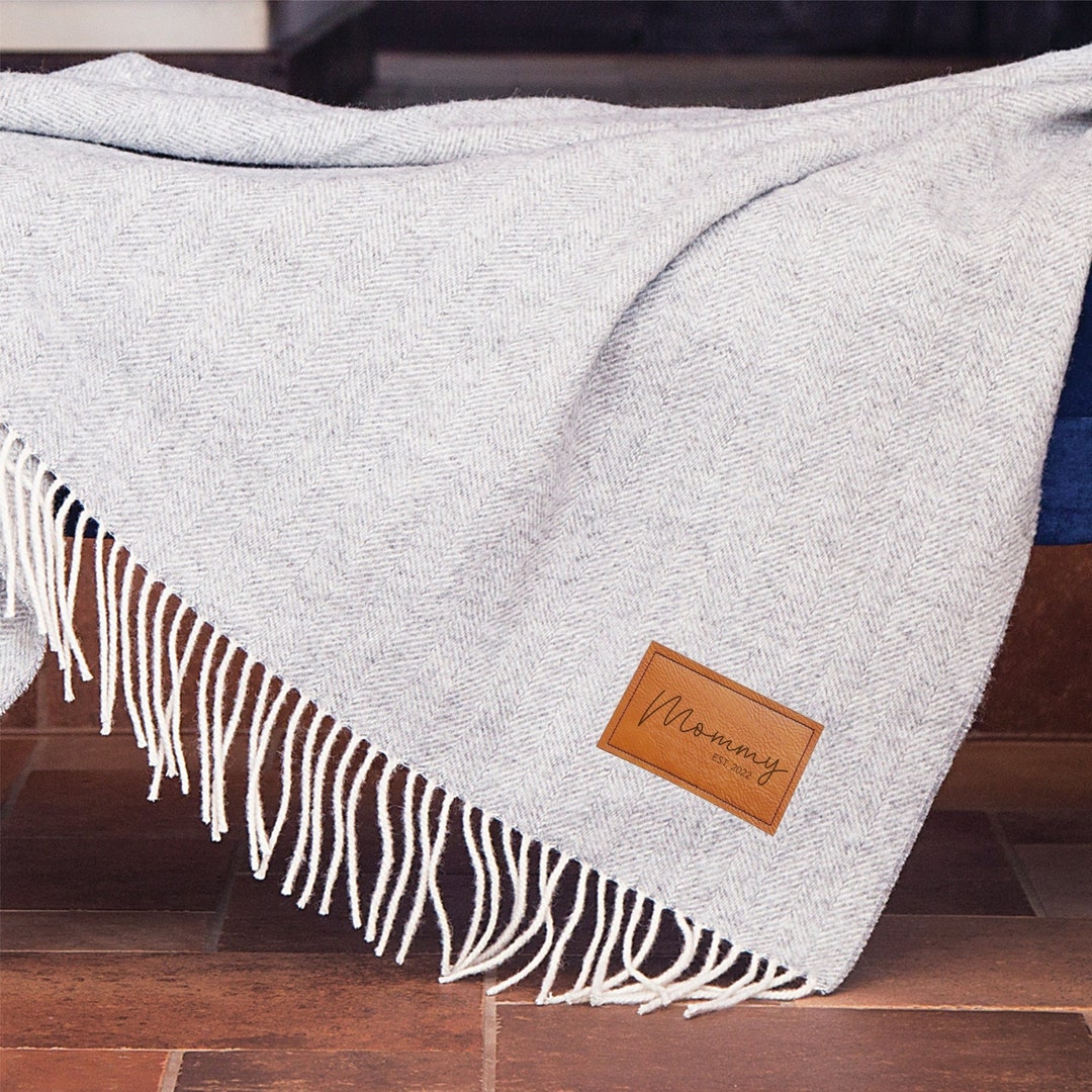 Personalized Wool Throw Blanket With Vegan Leather Patch Customized - Etsy