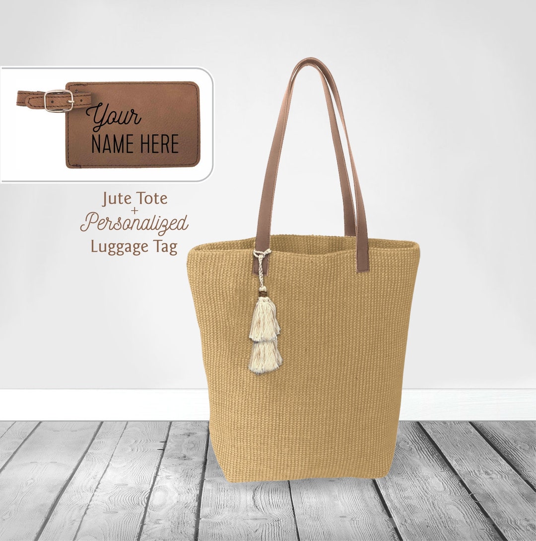 Lined Jute Tote Bag With Vegan Leather Straps Comes With Engraved ...