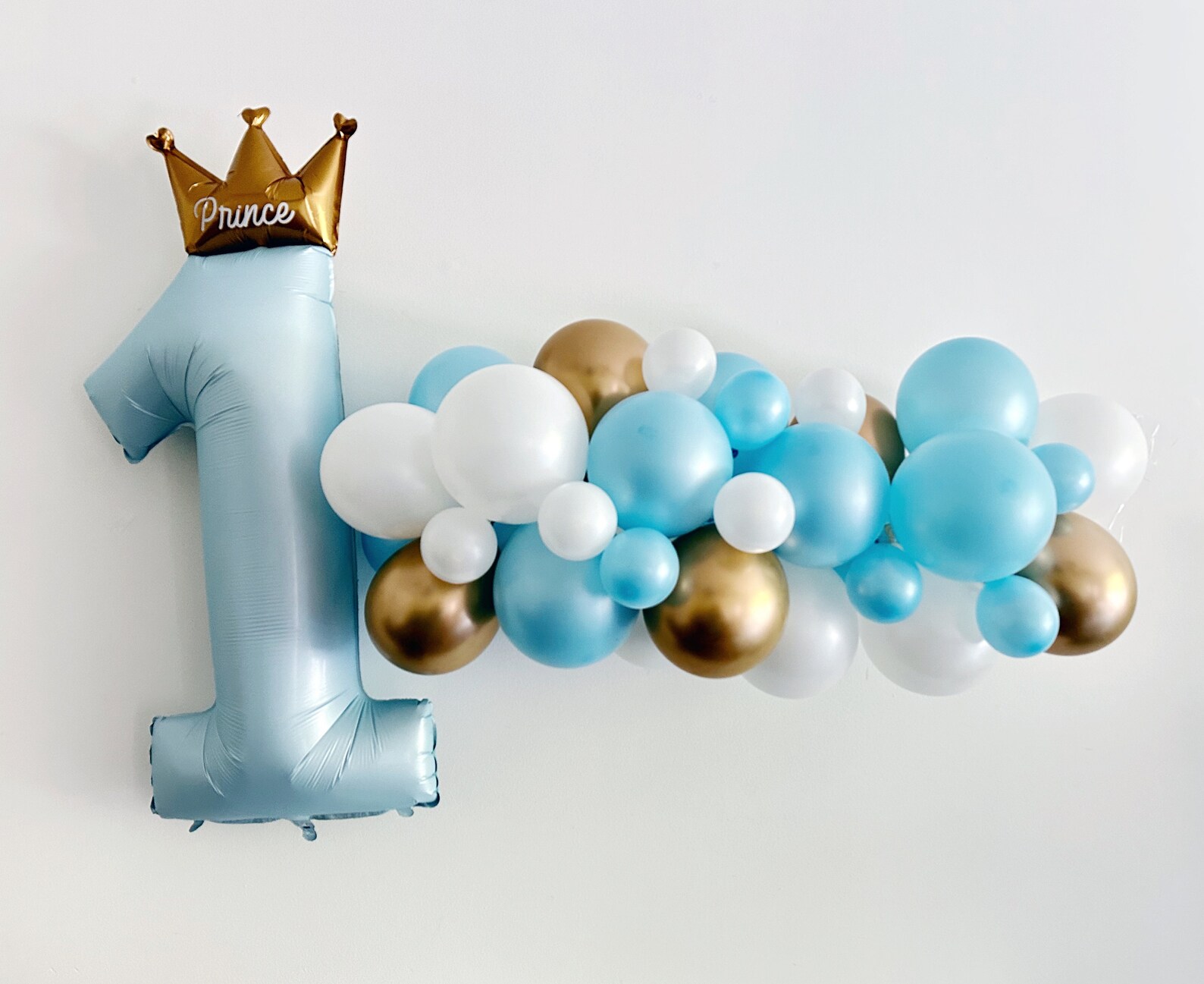Prince 1st Birthday Party | Pastel Blue, White, Gold Balloon Garland ...
