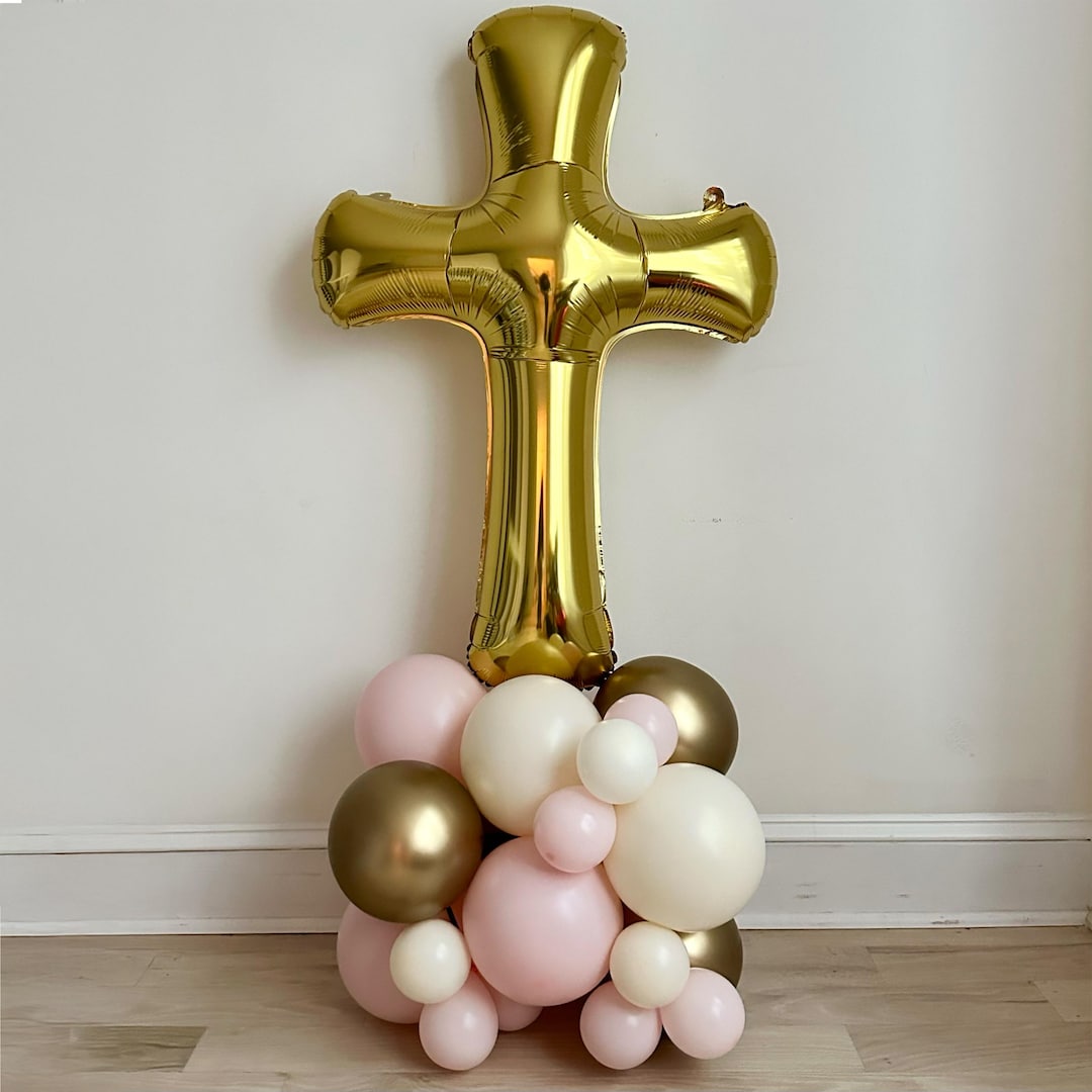 Large Gold Cross Balloon Tower, Christening Decorations, Holy Communion ...