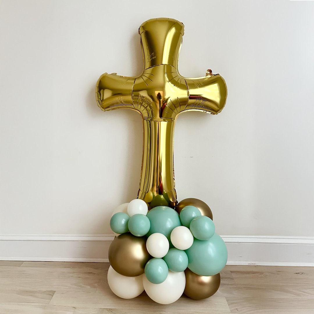 Large Gold Cross Balloon Tower, Christening Decorations, Holy Communion ...