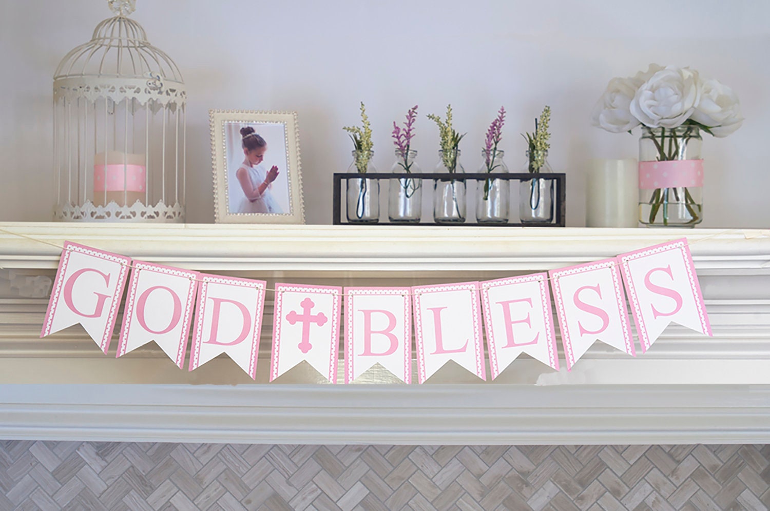 Pink God Bless Banner Baptism Decor First Holy Communion | Etsy