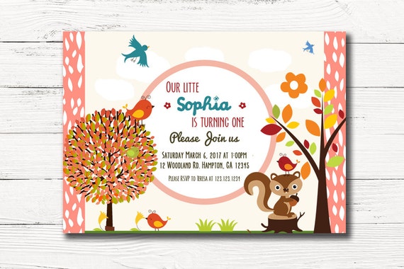 Woodland First Birthday Invitation, Girl Forest Animals Invite, Girl ...