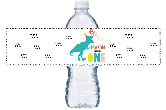Digital Dinosaur Birthday Water Bottle Label, Dino Sticker Wraps, T-Rex ...