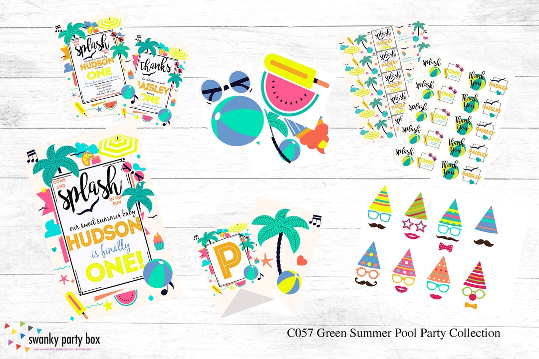 Digital Pool Party First Birthday Printable Kit, Summer Party Invite ...