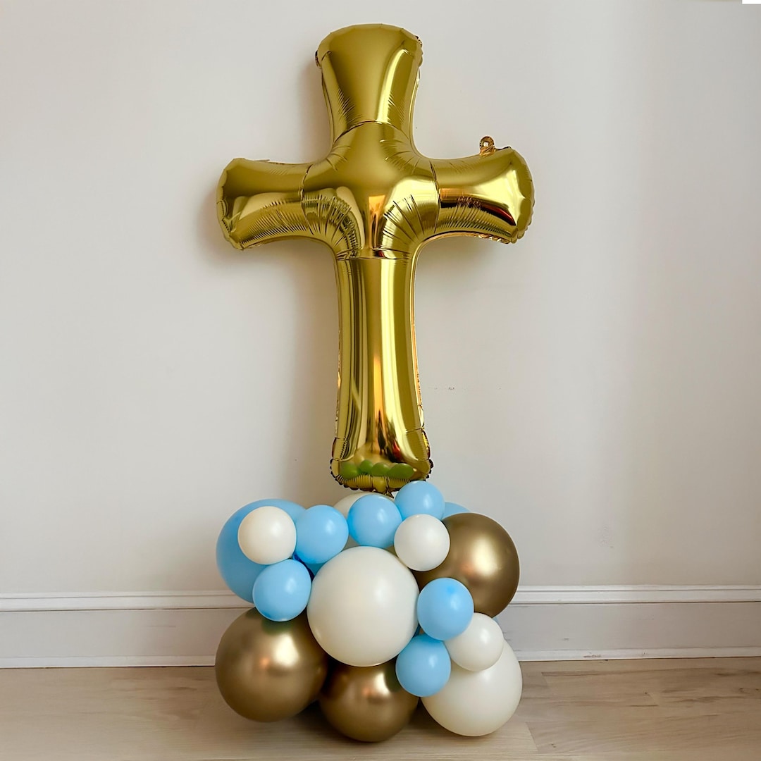 Large Gold Cross Balloon Tower, Christening Decorations, Holy Communion ...