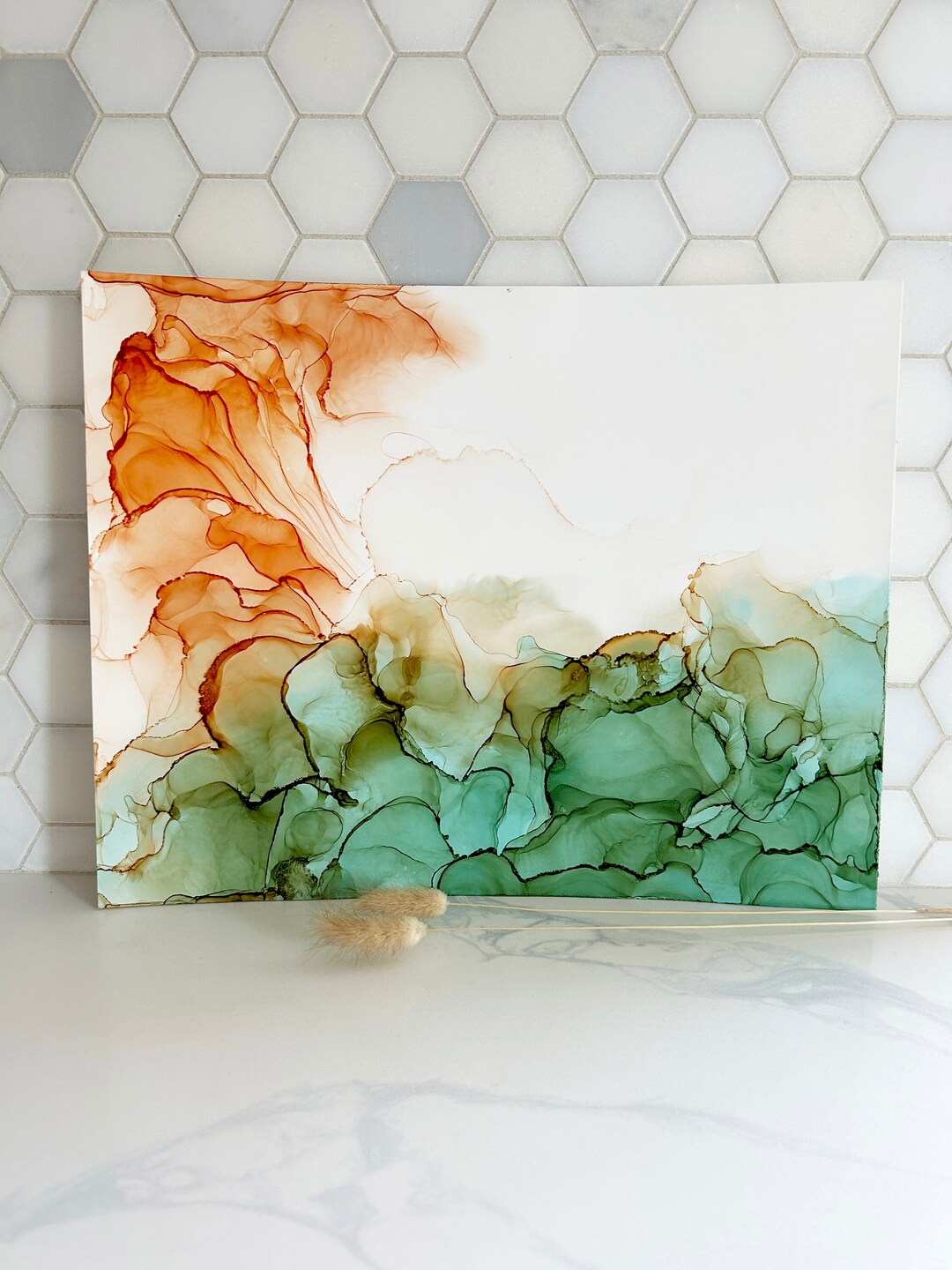 Medow, Original Alcohol Ink Art, Orange Alcohol Ink Art, Modern, Green ...