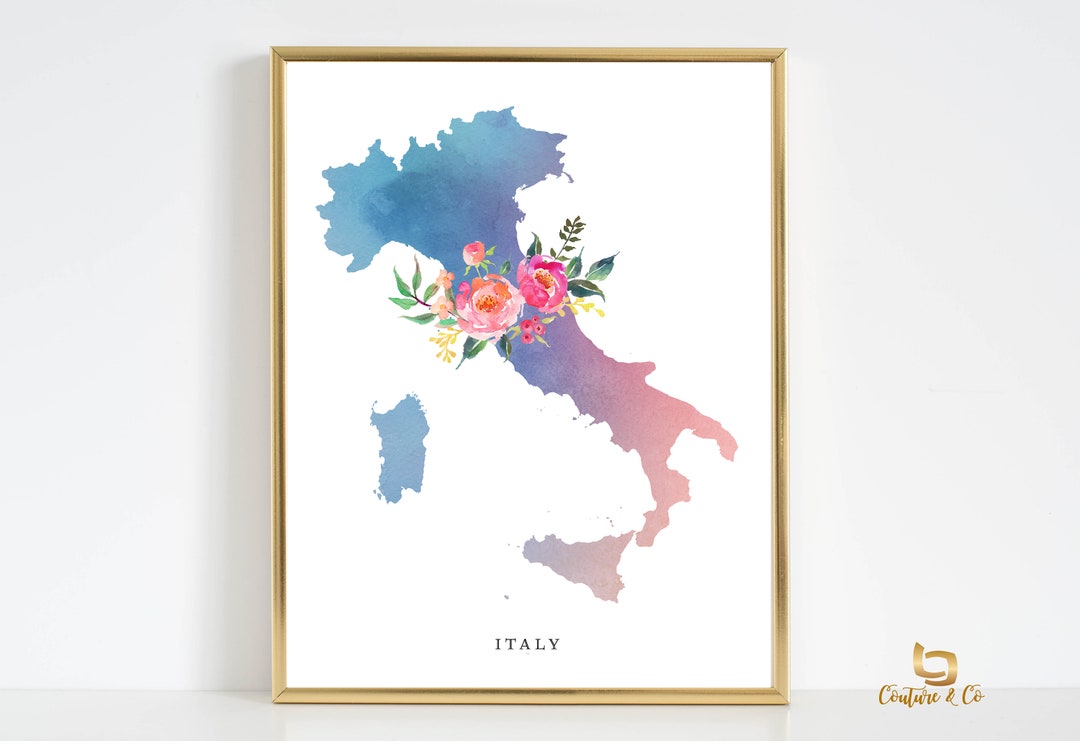 Italy Map Wall Art, Blue, Pink Italy Map Print, Italy Watercolor Print ...