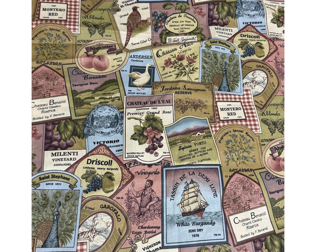 Vintage Cranston Print Works Fabric by VIP Print, Wine Label Fabric ...