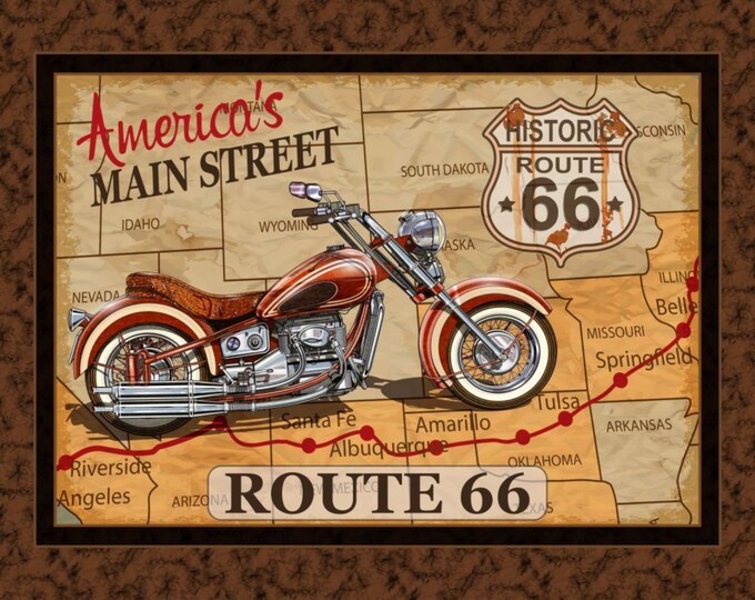 Route 66 Motorcycle Panel, Fabric Panels, Quilting Panel, Marshall Dry ...