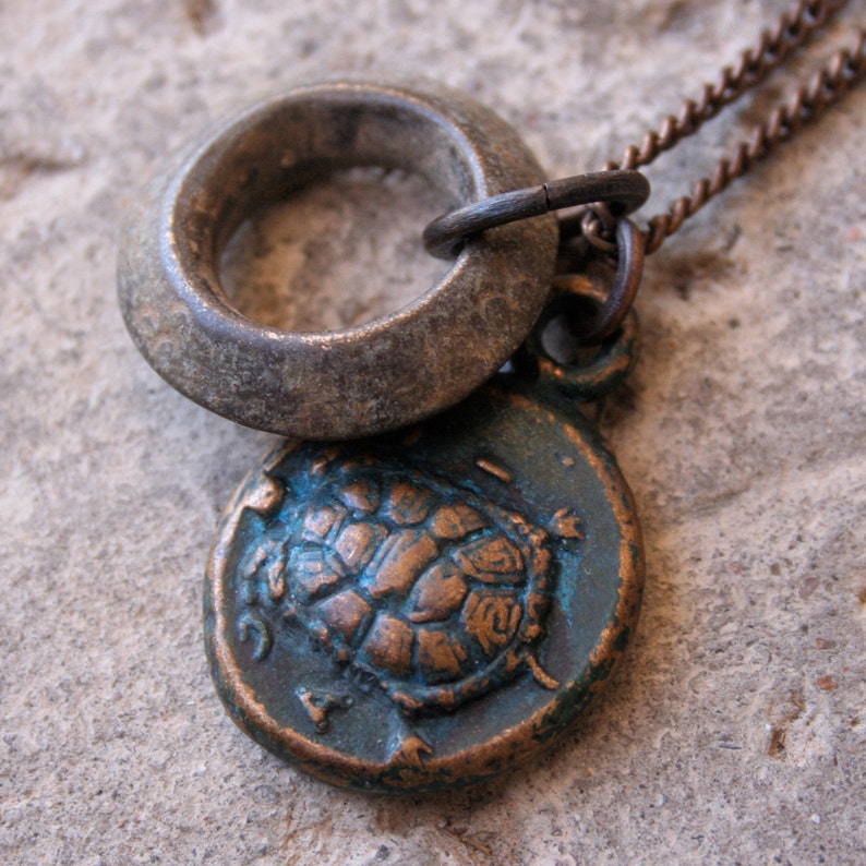 Solid Bronze Turtle Necklace and Ethiopian Brass Ring Old Greek Coin ...
