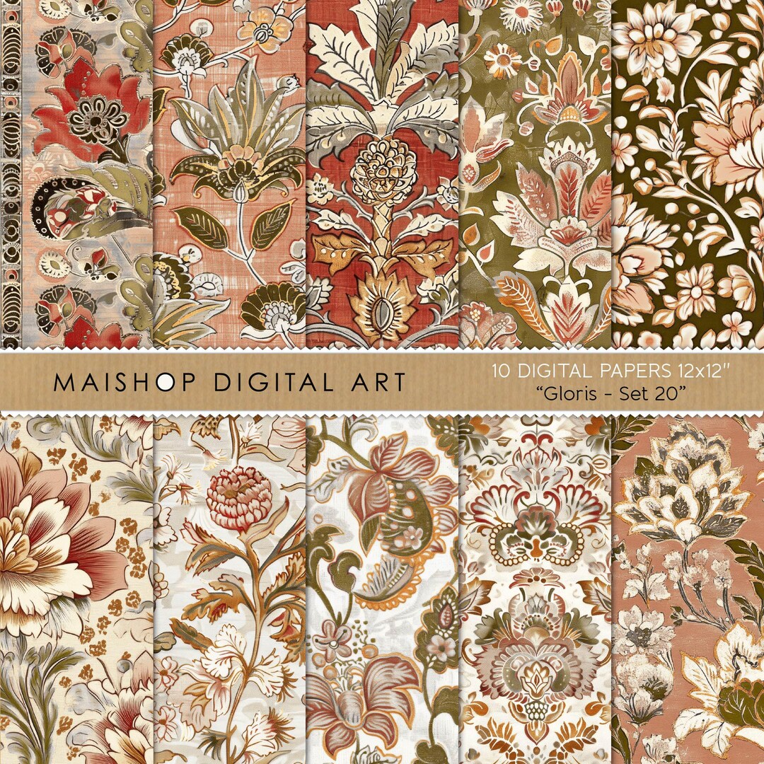 Green & Orange Floral Paper • Seamless Indian Block Print Pack ...