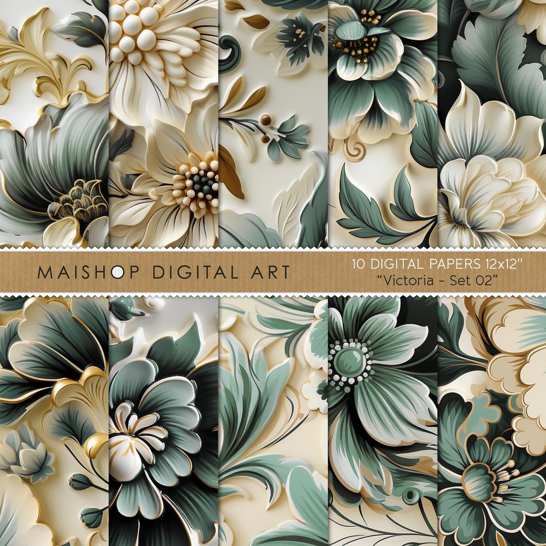 Seamless Flowers Digital Paper I Ivory, Sage Green & Gold Relief Floral ...