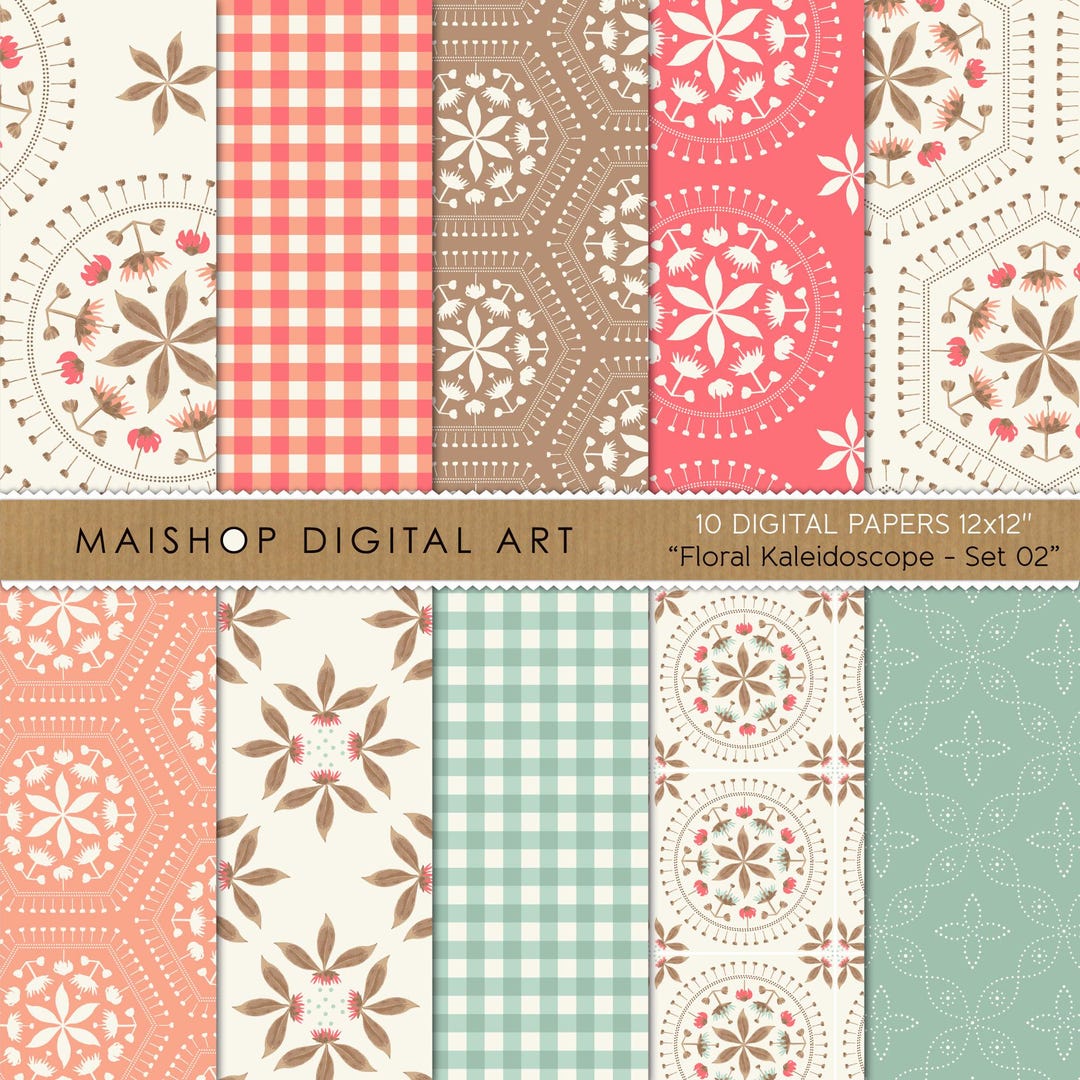 Coral & Mint Floral Digital Paper, Printable Digital Backgrounds ...