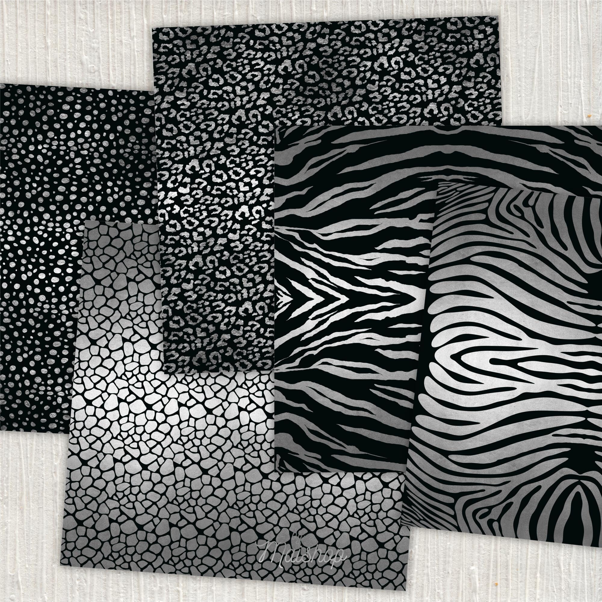 Digital Paper Black & Silver "africa Skins - Set 05" Zebra, Tiger ...