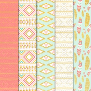 Boho Digital Paper Pack I Mint, Coral and Gold Foil Aztec Tribal ...