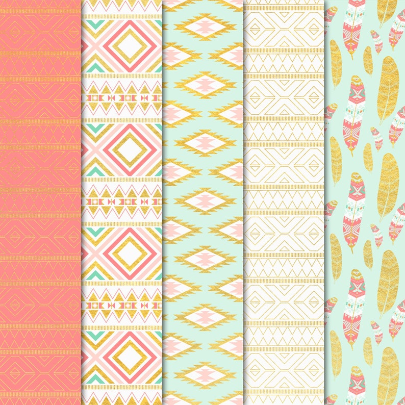 Boho Digital Paper Pack I Mint, Coral and Gold Foil Aztec Tribal ...