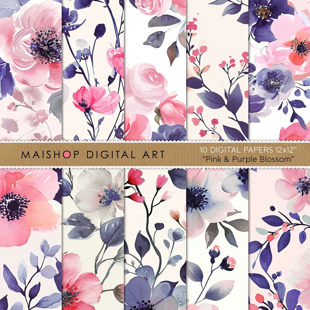 Pink & Purple Blossom Floral Digital Paper • 12x12 Scrapbook Paper Pack ...