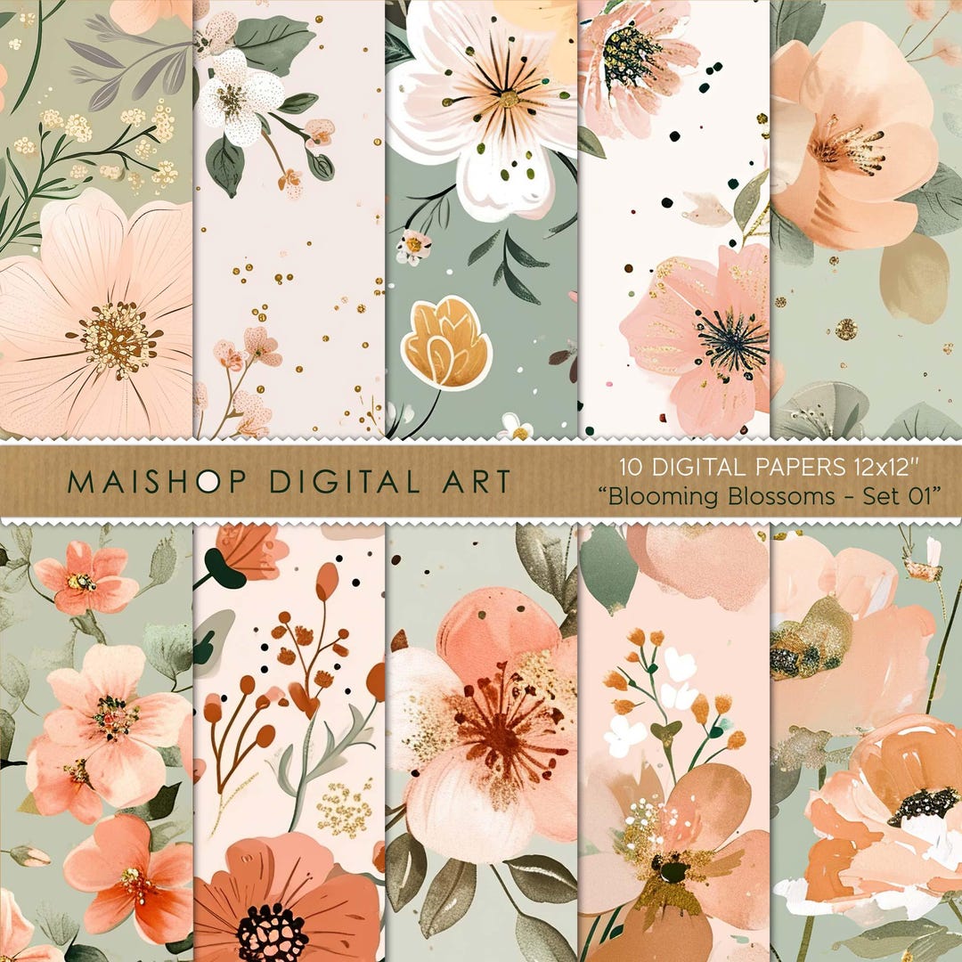 Modern Floral Digital Paper • Green, Blush and Gold Flower Patterns ...