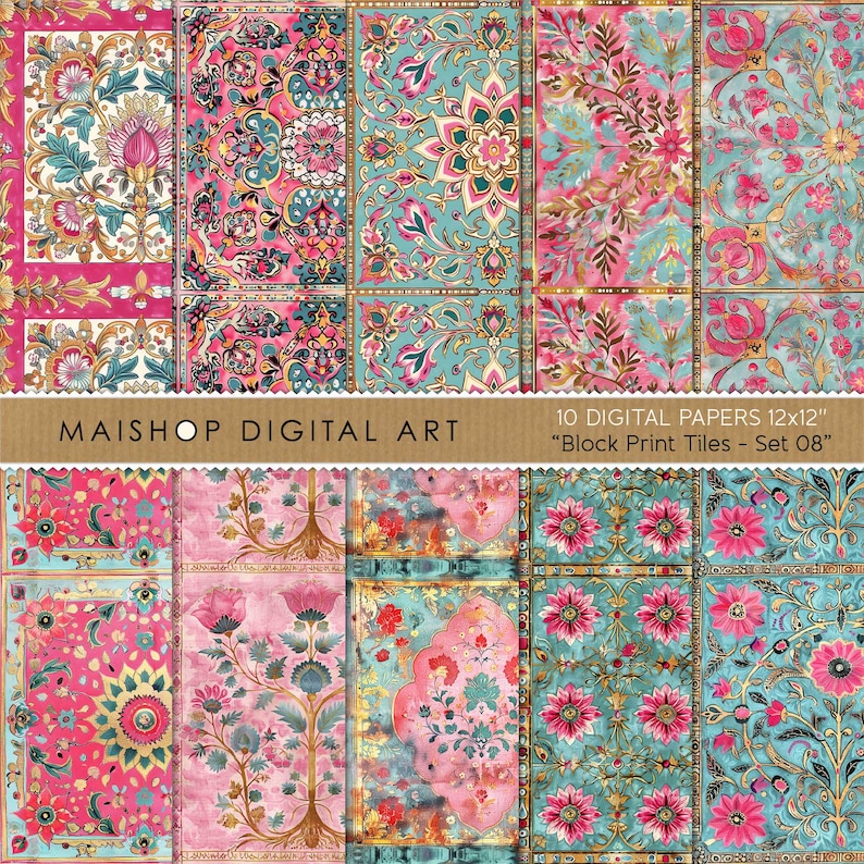 Block Print Tiles Digital Paper, Indian Floral Pattern, Pink and Teal ...