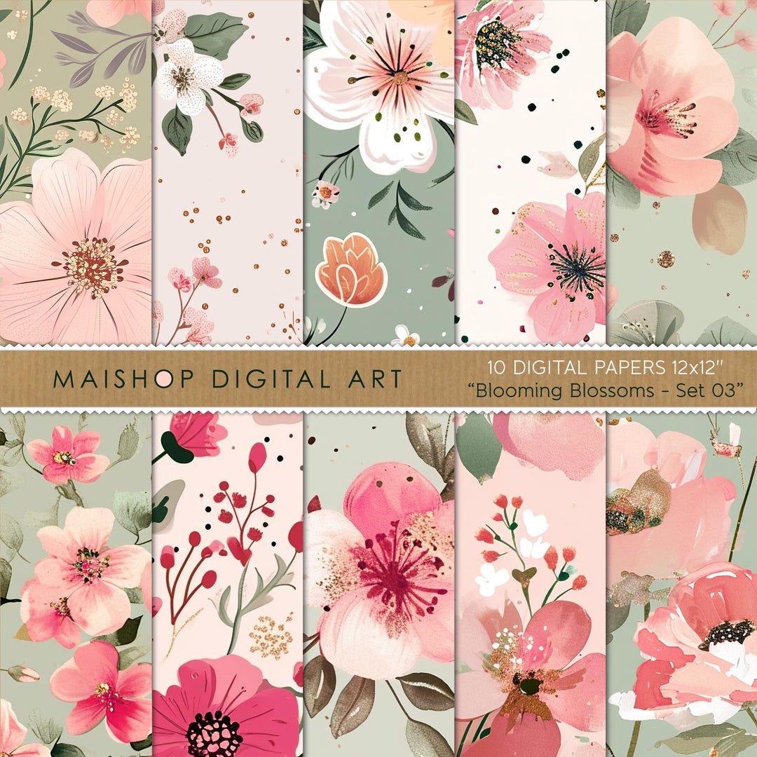 Floral Digital Paper • Pink, Green & Gold Flowers (digital Download ...