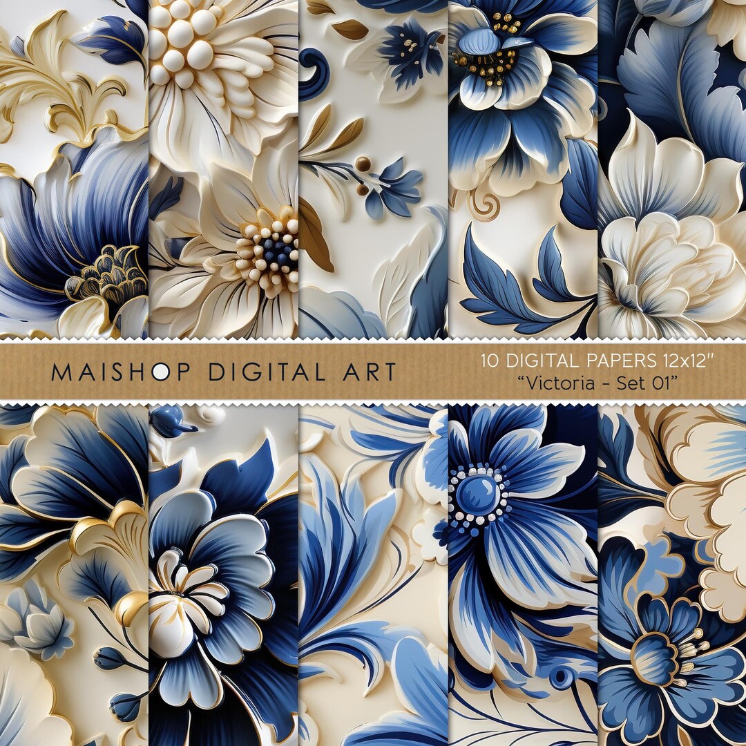 Seamless Floral Digital Paper I Ivory, Blue & Gold Relief Flowers ...