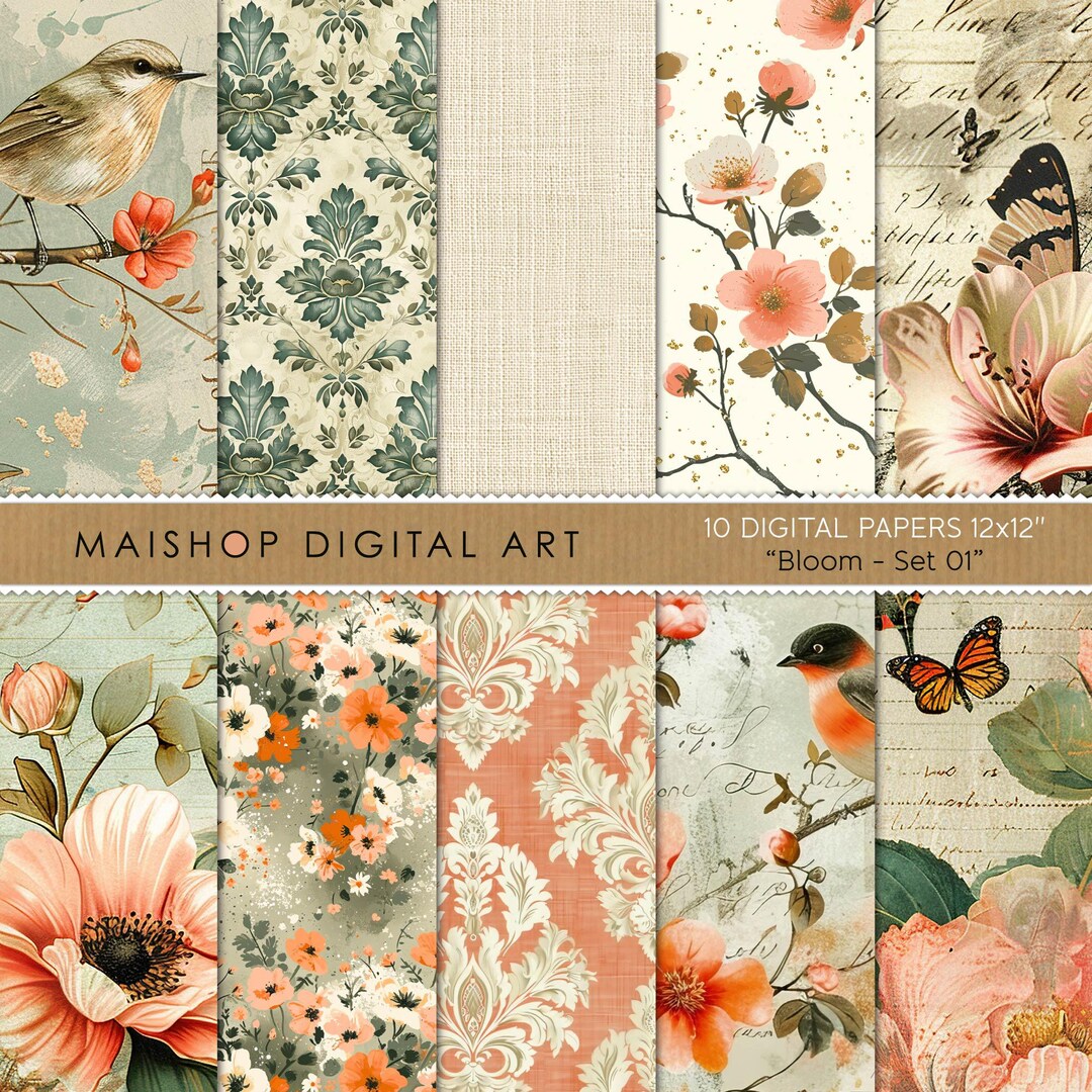 Vintage Style Digital Paper Set • Floral and Damask Patterns • Shabby ...
