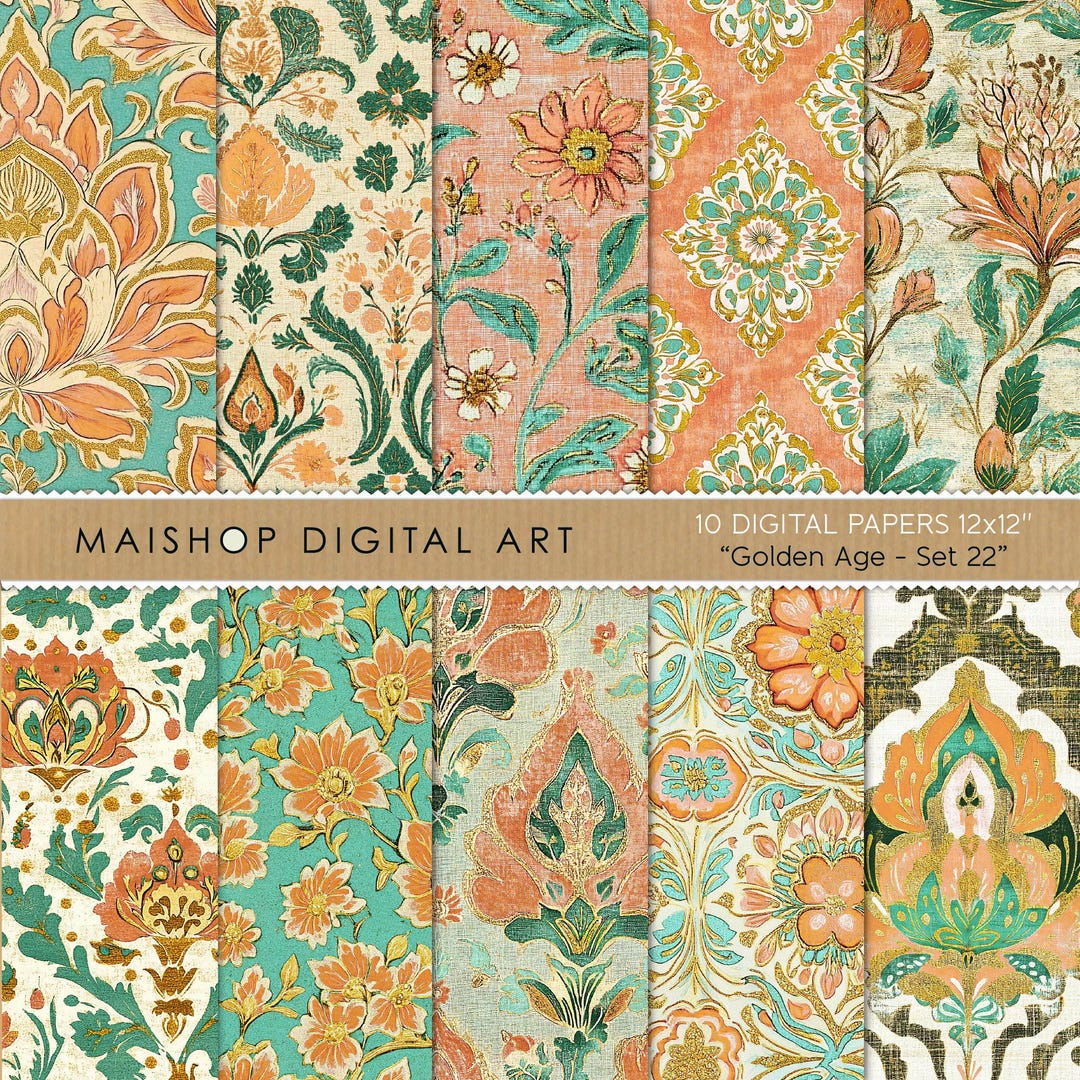 Green and Orange Digital Paper • Summer Boho Seamless Patterns • Golden ...