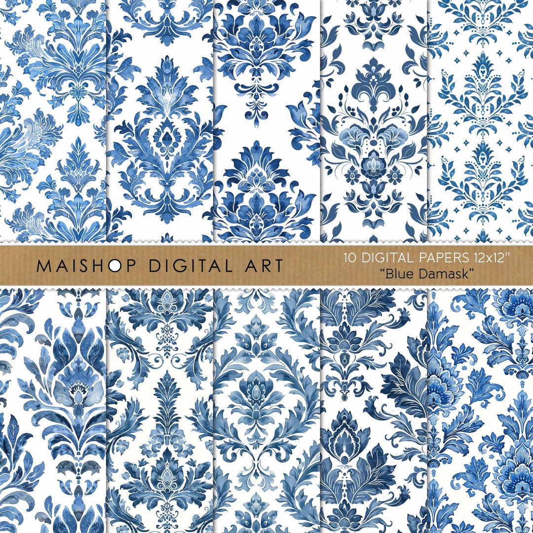 Seamless Blue Damask Digital Paper, Digital Backgrounds Scrapbook Paper ...
