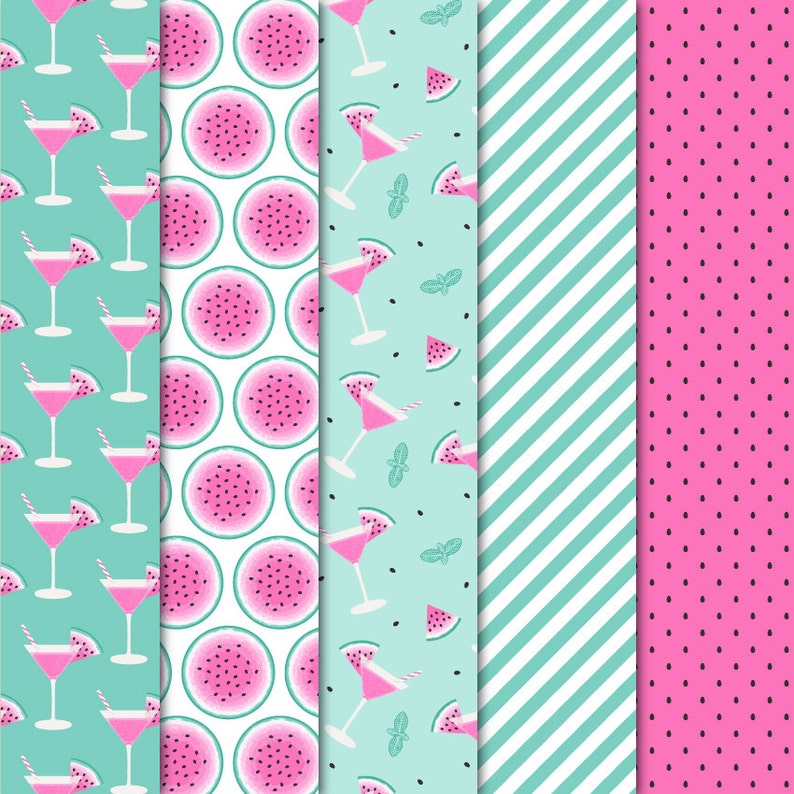 Pink and Mint Digital Paper 'watermelon Cocktail' Scrapbook Papers for ...