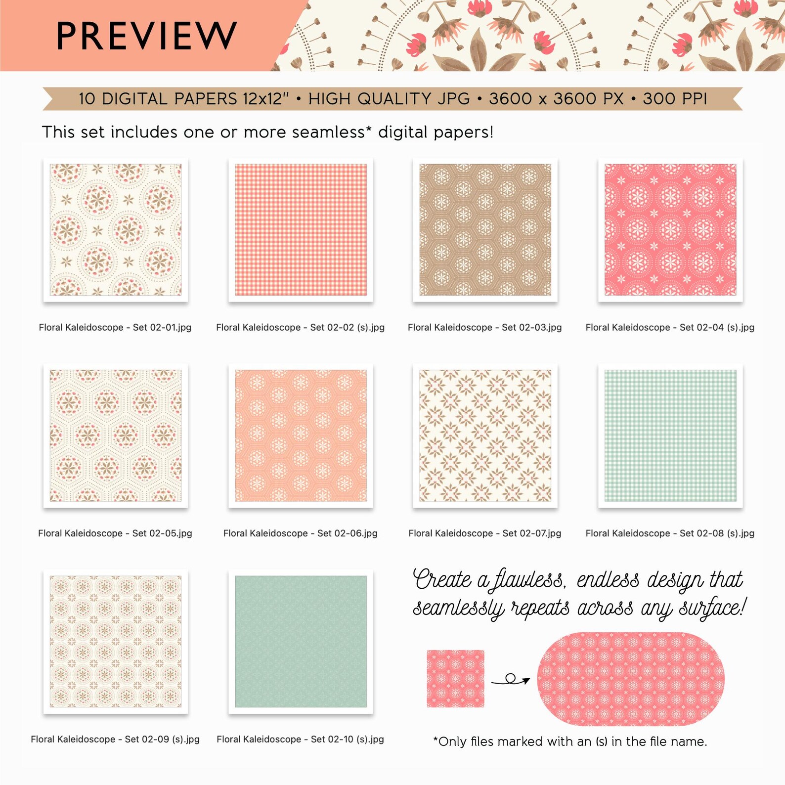 Coral & Mint Floral Digital Paper, Printable Digital Backgrounds ...