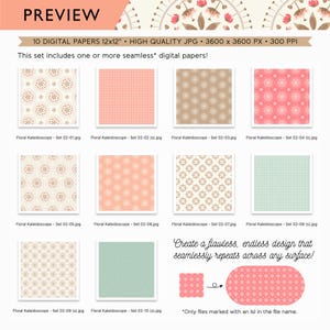 Coral & Mint Floral Digital Paper, Printable Digital Backgrounds ...