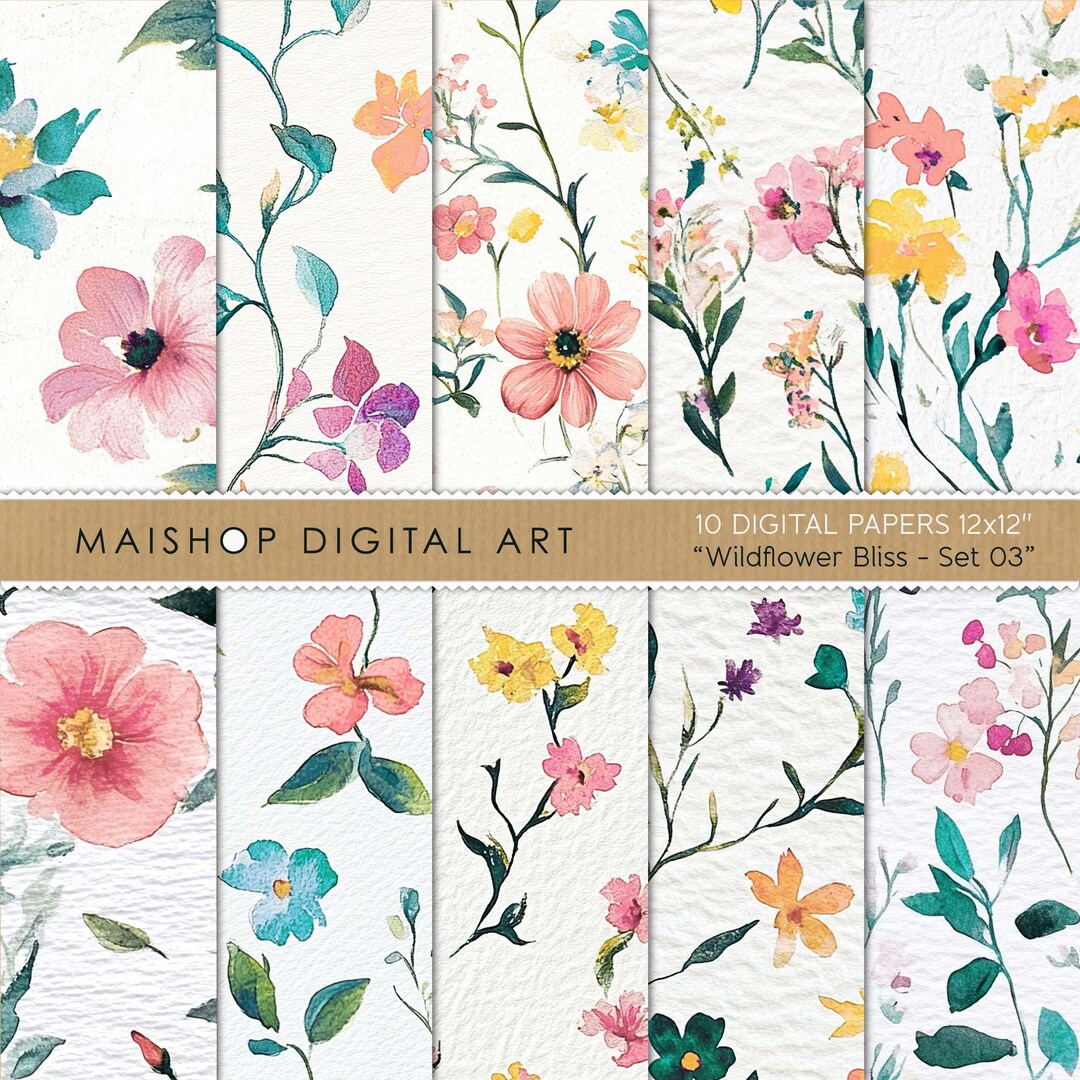 Spring Wildflower Seamless Digital Papers • Floral Patterns in Bright ...
