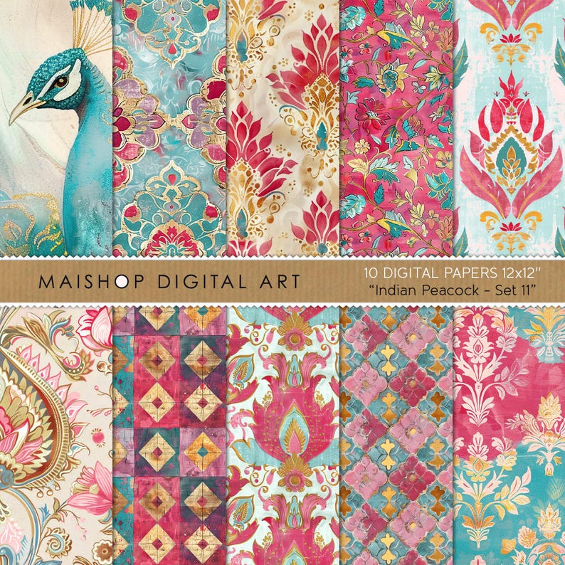 Boho Digital Paper Pack, Printable Designs, Damask Scrapbook Paper ...