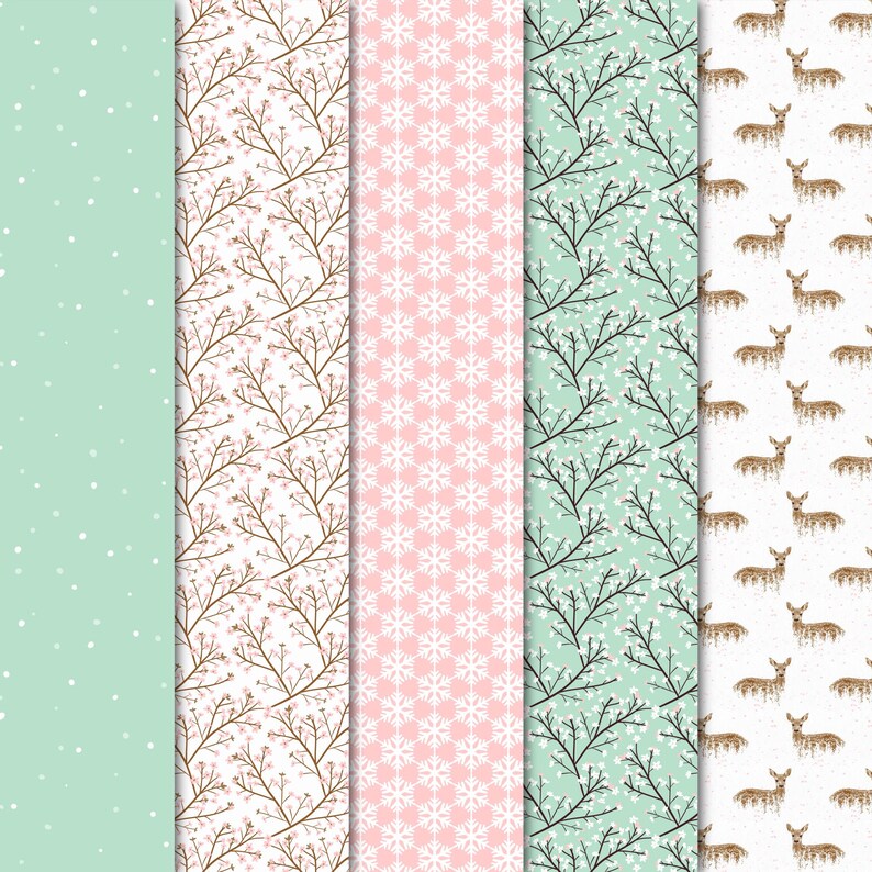 Mint & Pink Digital Paper winter Ii Deers - Etsy