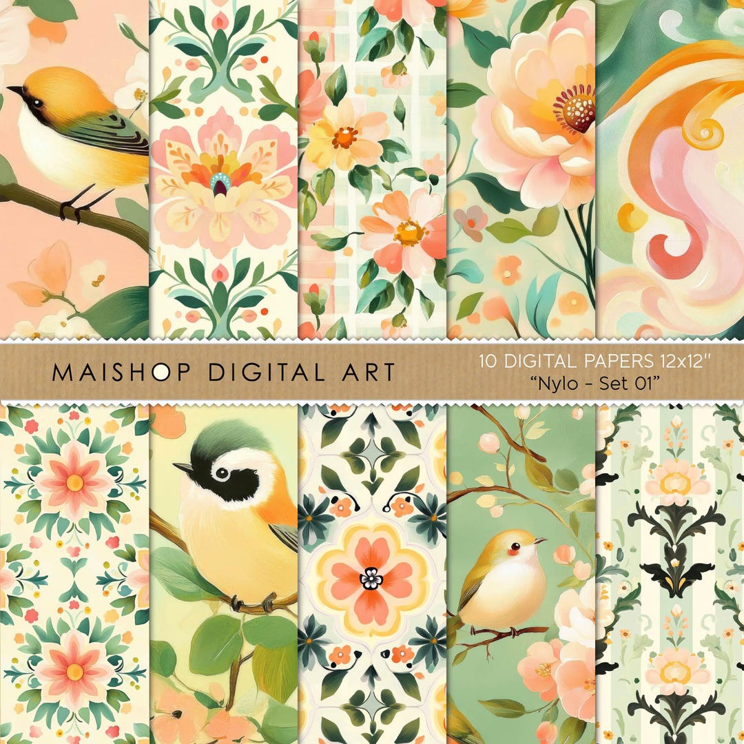 Floral Bird Digital Paper • Seamless Scrapbook Patterns (JPG Files ...
