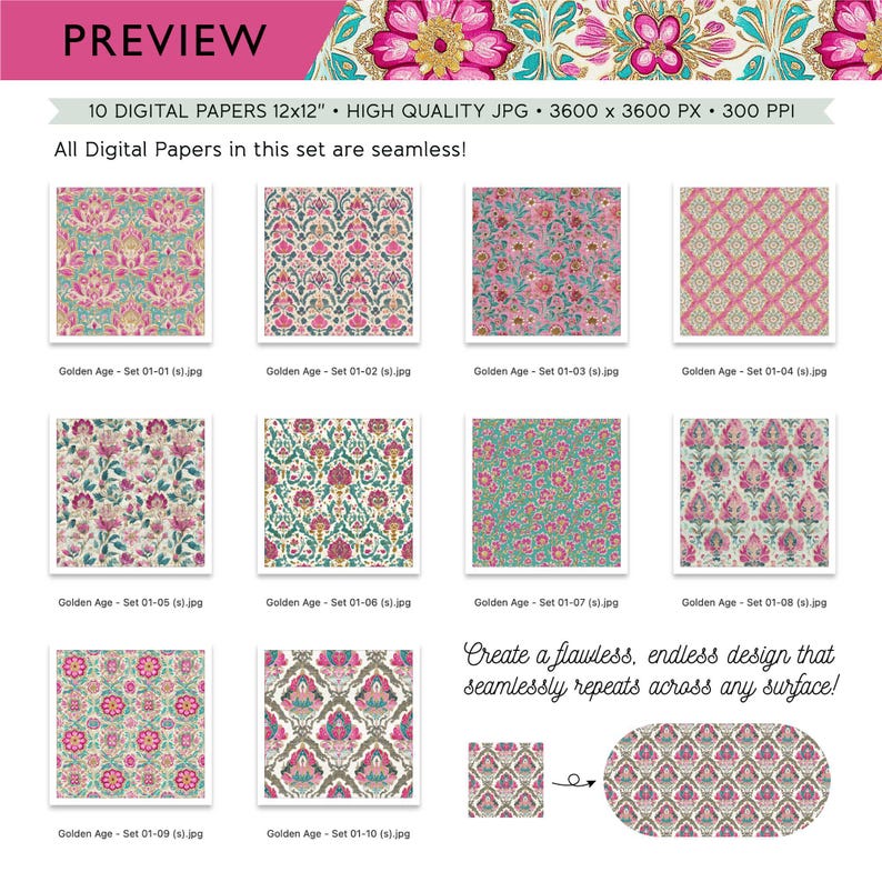 Seamless Boho Digital Paper Pack • Colorful Indian Floral Block Print ...