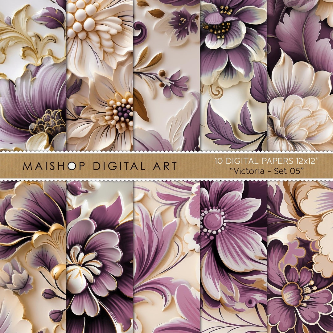 Seamless Flowers Digital Paper • Ivory, Purple & Gold Relief Floral ...