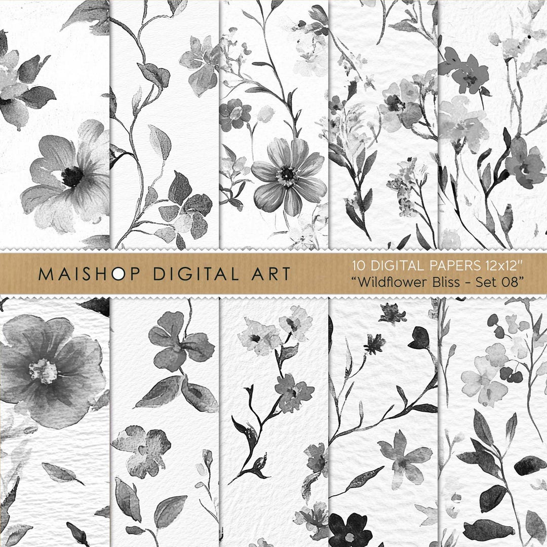 Black and White Digital Papers • Seamless Floral Patterns • Printable ...