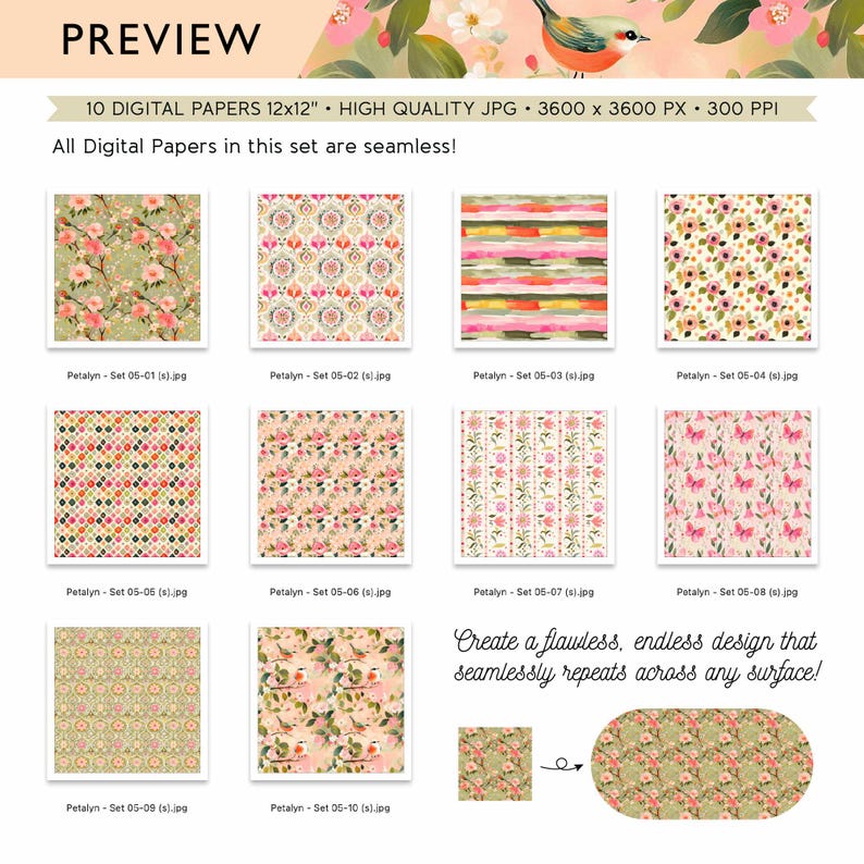 Colorful Floral Digital Papers • Bird Patterns for Crafts • Seamless ...